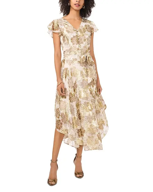 Vince Camuto Printed Flutter-sleeve Button-front Dress