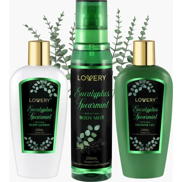 LOVERY Eucalyptus Spearmint Bath And Body Travel Set - Green / White / Gold