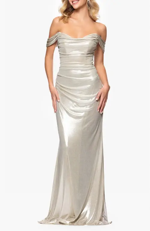 Betsy & Adam Glitter Knit Off The Shoulder Gown