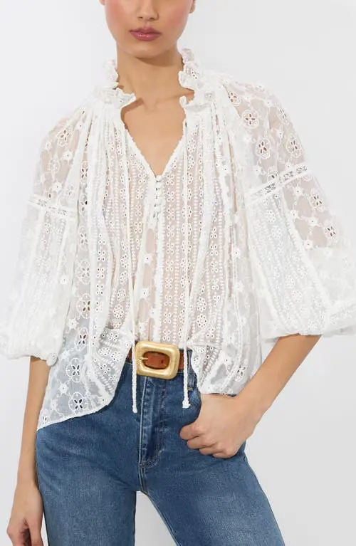 Alice + Olivia Norah Eyelet Embroidered Peasant Top - Off White