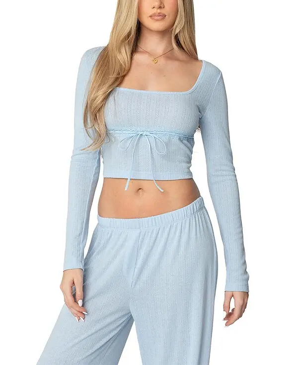 EDIKTED Ren Square Neck Pointelle Top - Light Blue