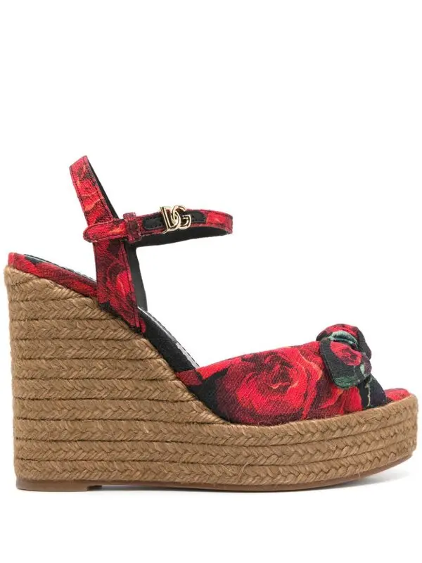 Dolce & Gabbana Rose-print Wedge Sandals - Red
