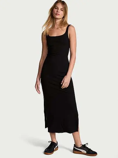 Pink All-day Soft Ribbed Bodycon Midi Dress - Black