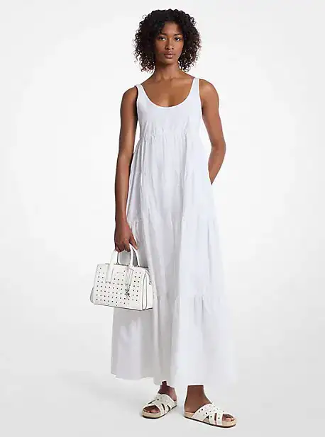 Michael Kors Stretch Cotton Tiered Dress In White 70% Off