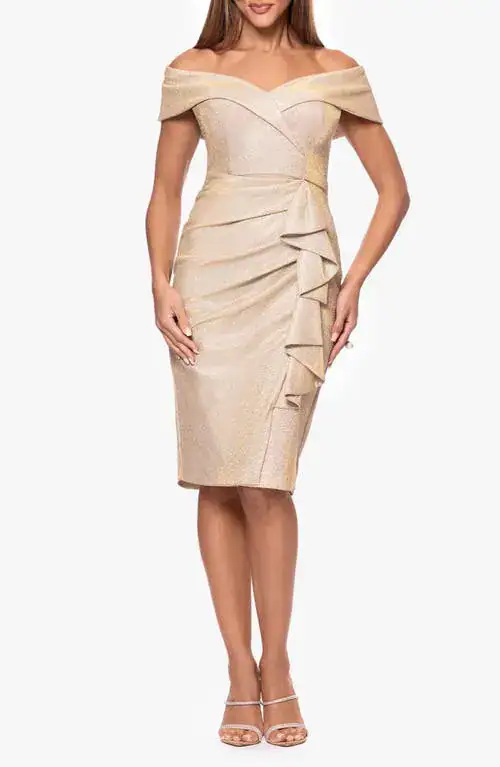 Xscape Evenings Metallic Ruffle Off The Shoulder Cocktail Dress In Gold/  Silver - 50% Off | Editorialist