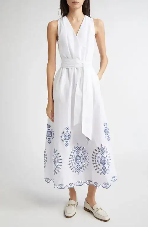 Eleventy Embroidered Faux Wrap Dress In White And Dust - 80% Off |  Editorialist