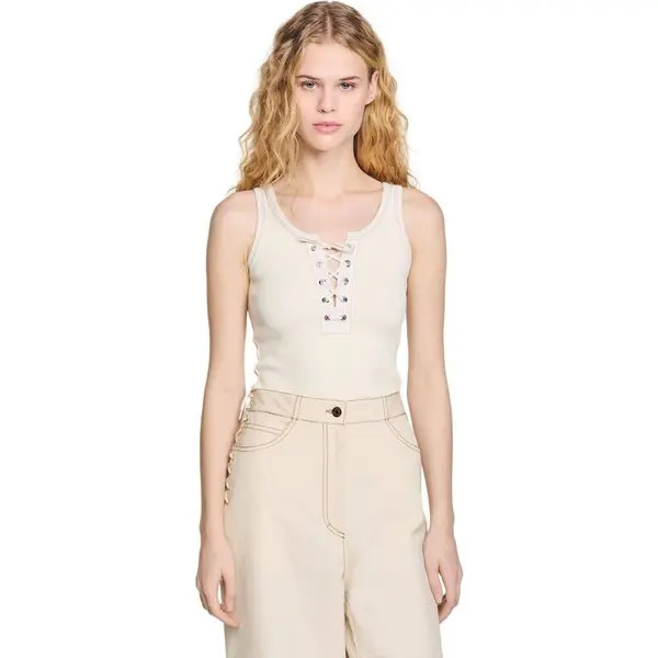 Sandro Lace-up Ribbed Tank - Ecru
