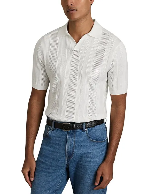 REISS Kansas Open Collar Stripe Textured Knitted Polo Shirt - White