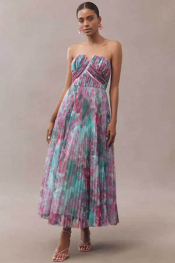 princess polly baby blue dress Hutch Corene Strapless Floral Tulle A-Line Midi Dress - Botanical Pattern