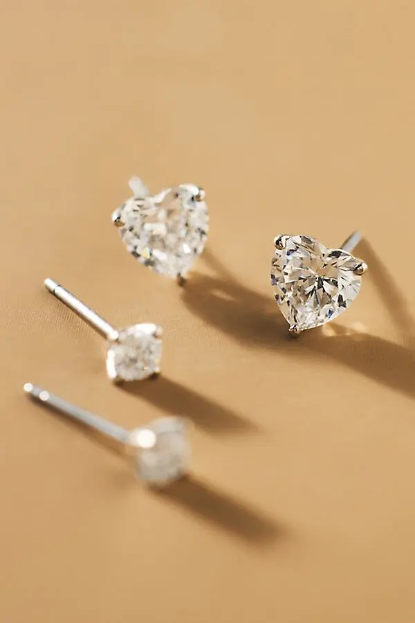 Nadri Heart And Round Crystal Stud Earrings - Silver