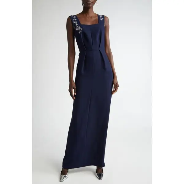 St. John Satin Back Crepe Gown With Bow And Shawl