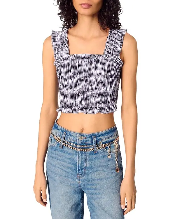 Maje Gingham Smocked Top - Navy/white
