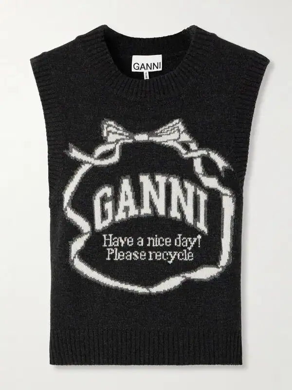 Ganni Intarsia-Knit Wool-Blend Vest In Black - 40% Off | Editorialist