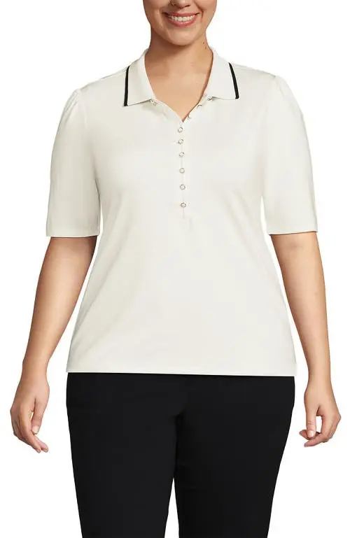 LANDS' END Elbow Sleeve Jersey Embellished Polo - Ivory/black