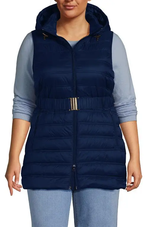 LANDS' END Wanderweight Belted Packable Down Vest - Deep Sea Navy