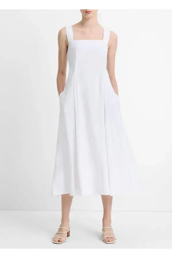 Vince Linen-Blend Square-Neck Dress - White | Editorialist