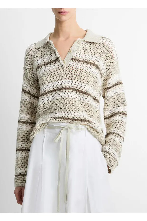 Vince Mesh Stripe Italian Cotton Polo Sweater