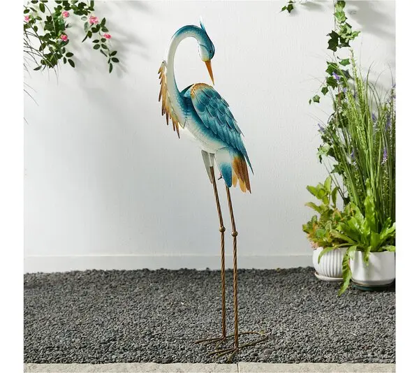 GLITZHOME 39' Metal Standing Crane Garden Statu E With Stakes