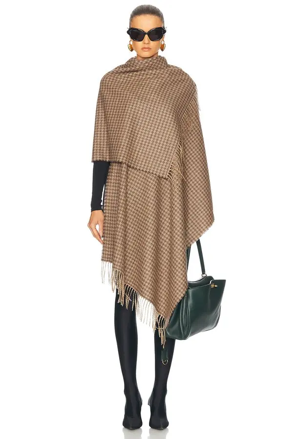 Balenciaga Fringed Houndstooth Shawl In Beige
