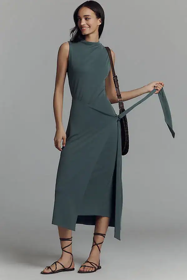 Good American Sleeveless Mock-Neck Ribbed Knit Wrap Dress In Green - 37%  Off | Editorialist