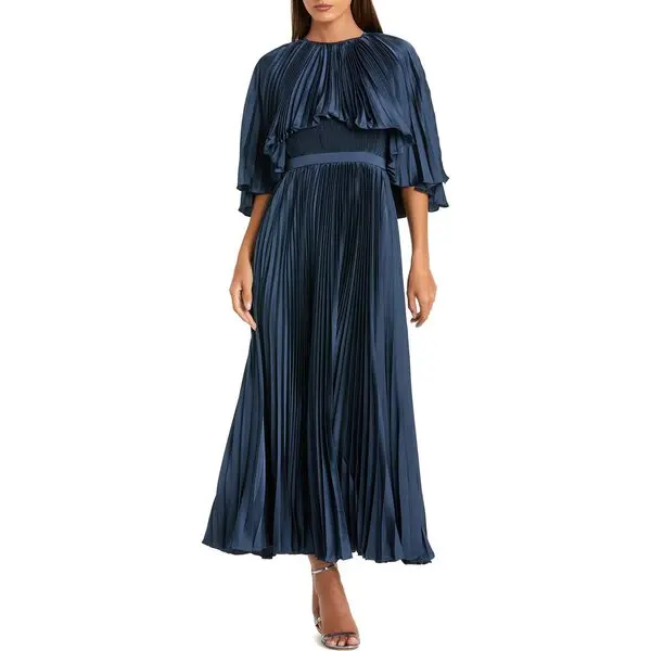 Mac Duggal Pleated Capelet Tea-length Dress - Midnight