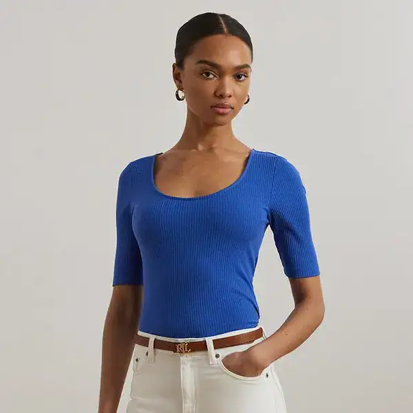 Ralph Lauren Rib-Knit Cotton-Blend Elbow-Sleeve Tee In Blue Lapis - 25% ...