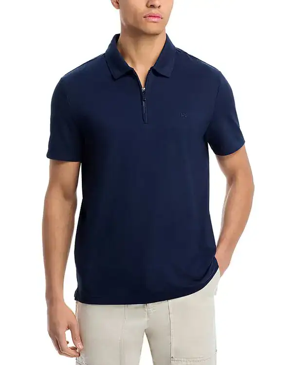 Michael Kors Sleek Pique Zip Polo Shirt In Midnight 30% Off