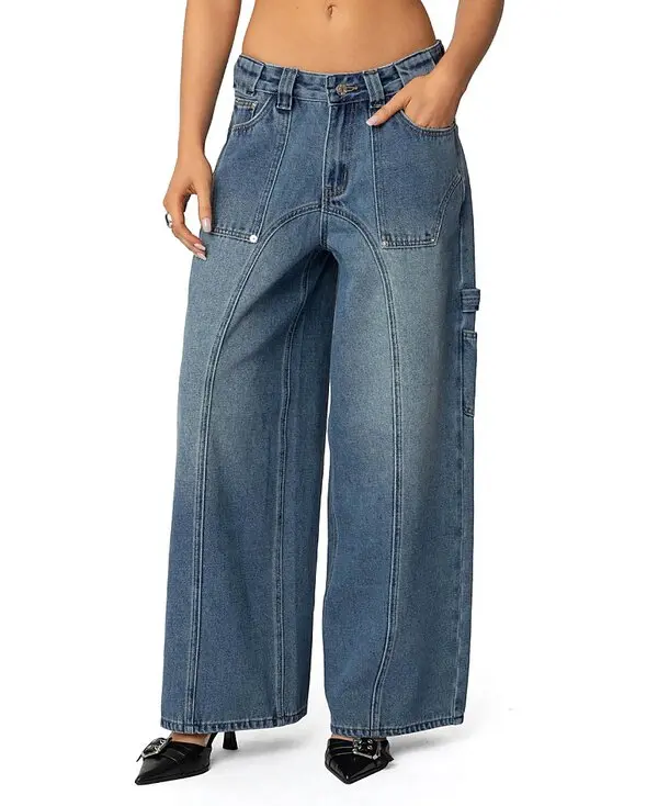 EDIKTED Tal Baggy Low Rise Carpenter Jeans - Blue Washed