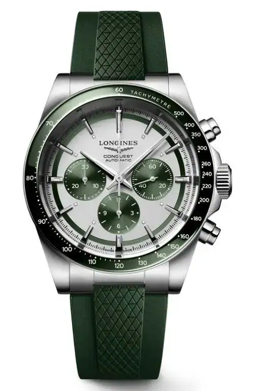 Longines Conquest Automatic Chronograph Rubber Strap Watch - Silver ...