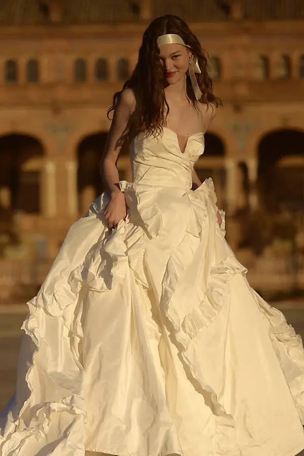 OUMA Alix Strapless Taffeta Ruffle Gown