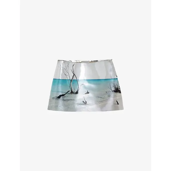 Prada Graphic-print Shiny Mini Leather Skirt - Gold/silver