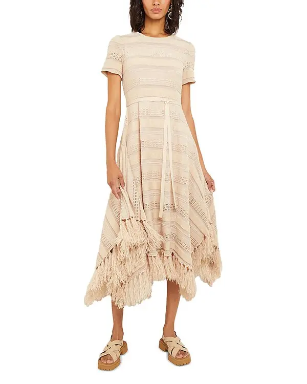 Misook Pointelle Striped Fringed Soft Knit Dress
