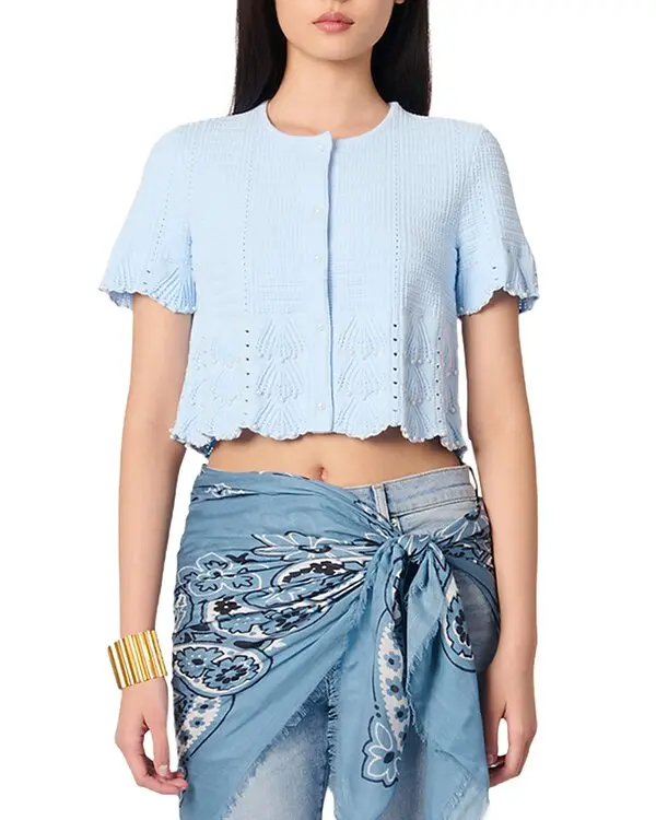 Maje Beaded Pointelle Knit Cardigan - Blue Sky