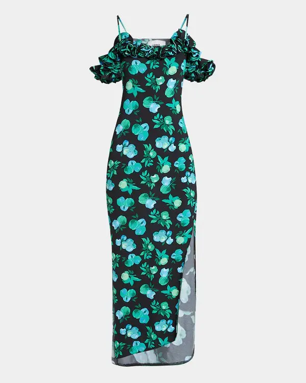 Coperni Apple-print Off-the-shoulder Midi Dress - Print-blue