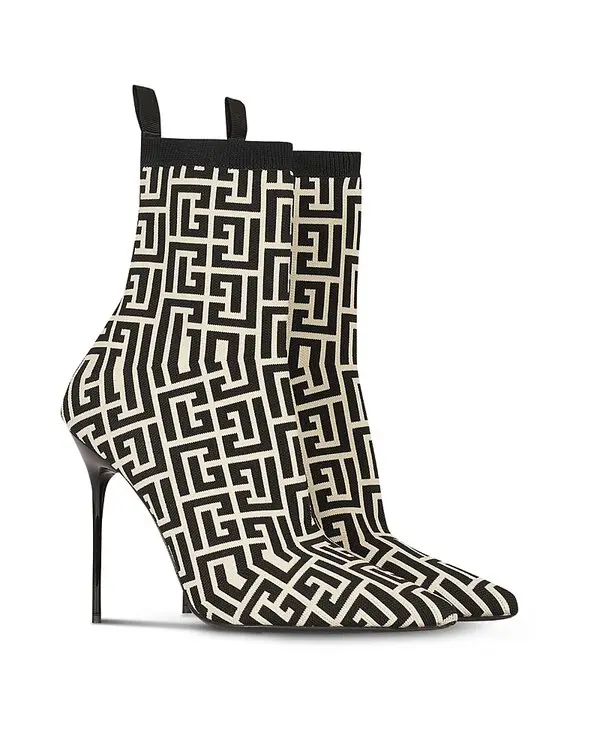 Balmain Stretch Knit Monogram Ankle Boots - Black