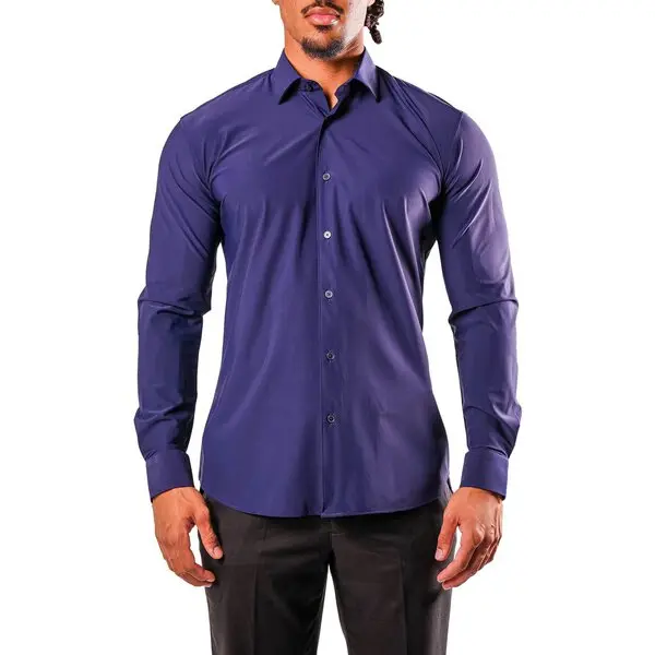 MACEOO Fibonacci Stretcheuronavy Cotton Blend Button-up Shirt - Blue