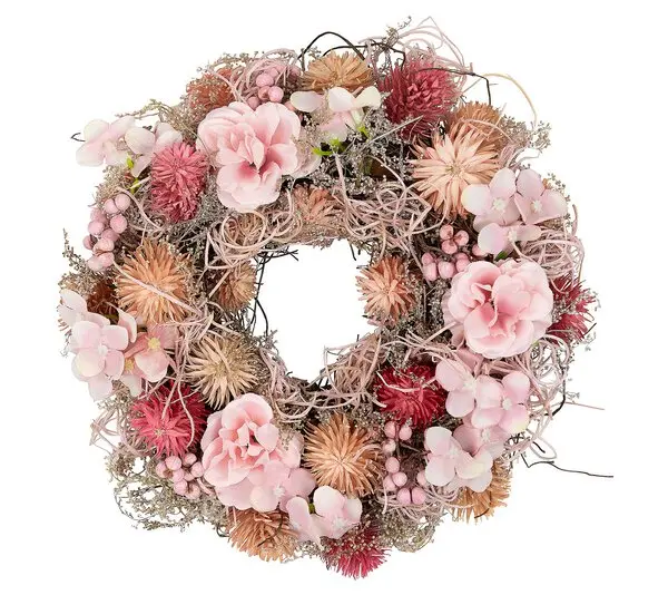 NORTHLIGHT Floral Wooden Spring Wreath 12' Pink And Yellow - One-color
