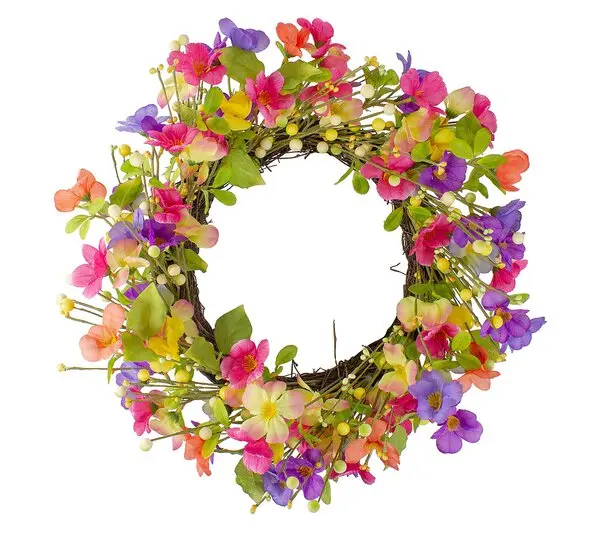 NORTHLIGHT Wild Flowers And Berries Spring Twig Wreath