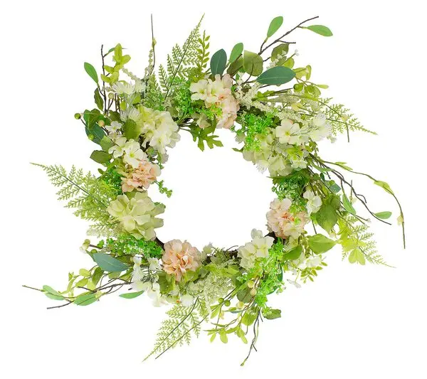 NORTHLIGHT Hydrangea And Fern Spring Floral Ber Ry Wreath- 28 - One-color