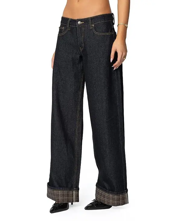 EDIKTED Plaid Cuffed Low Rise Jeans