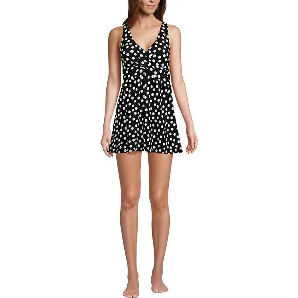 LANDS' END Slendersuit™ Wrap Swim Dress - Black/egret White Tossed Dots