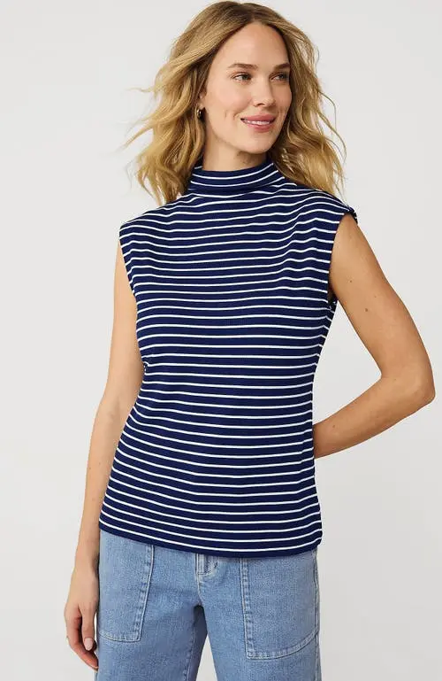 LANDS' END Cap Sleeve Drapey Rib Fitted Funnel Neck Tank - Deep Sea Navy/ivory Stripe