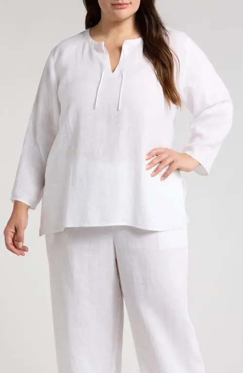 Eileen Fisher Split Neck Organic Linen Top - White