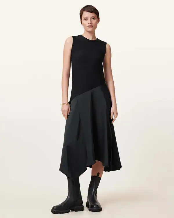 Allsaints Pia Asymmetric Satin Maxi Dress - Black | Editorialist