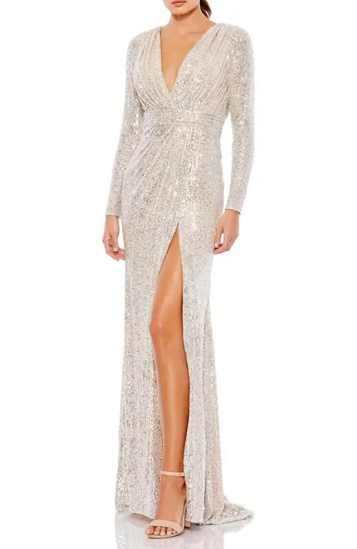 Mac Duggal Sequined Long Sleeve Gown - Silver