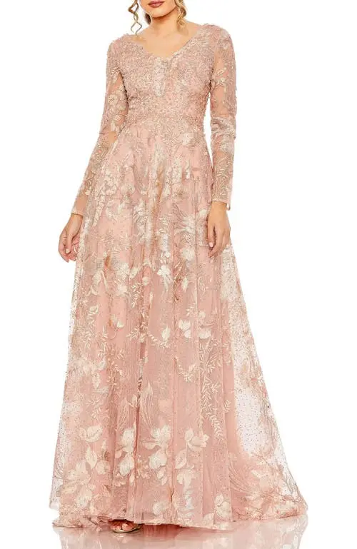 Mac Duggal Embellished Long Sleeve A-line Gown