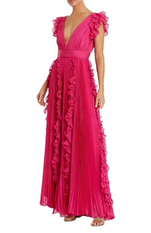 Mac Duggal Pleated Ruffle Cap Sleeve A-line Gown - Fuchsia