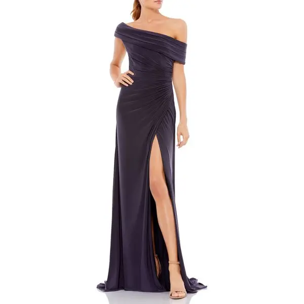 Mac Duggal Sleeveless Off-the-shoulder Slit Gown - Charcoal