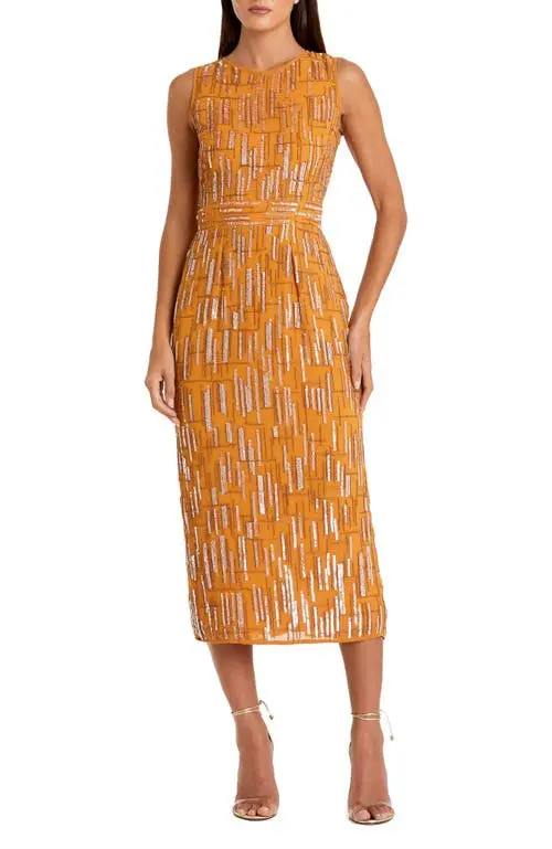 Mac Duggal Abstract Beaded Sleeveless Midi Sheath Dress - Saffron