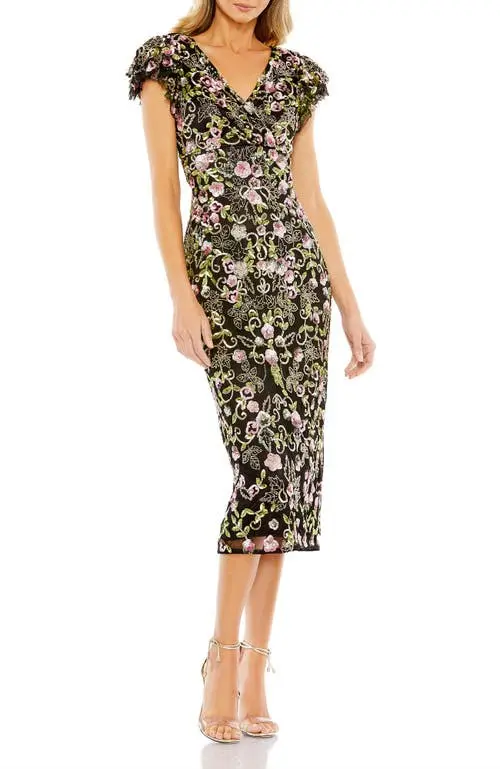 Mac Duggal Floral Embellished Cap Sleeve Dress - Black Multi
